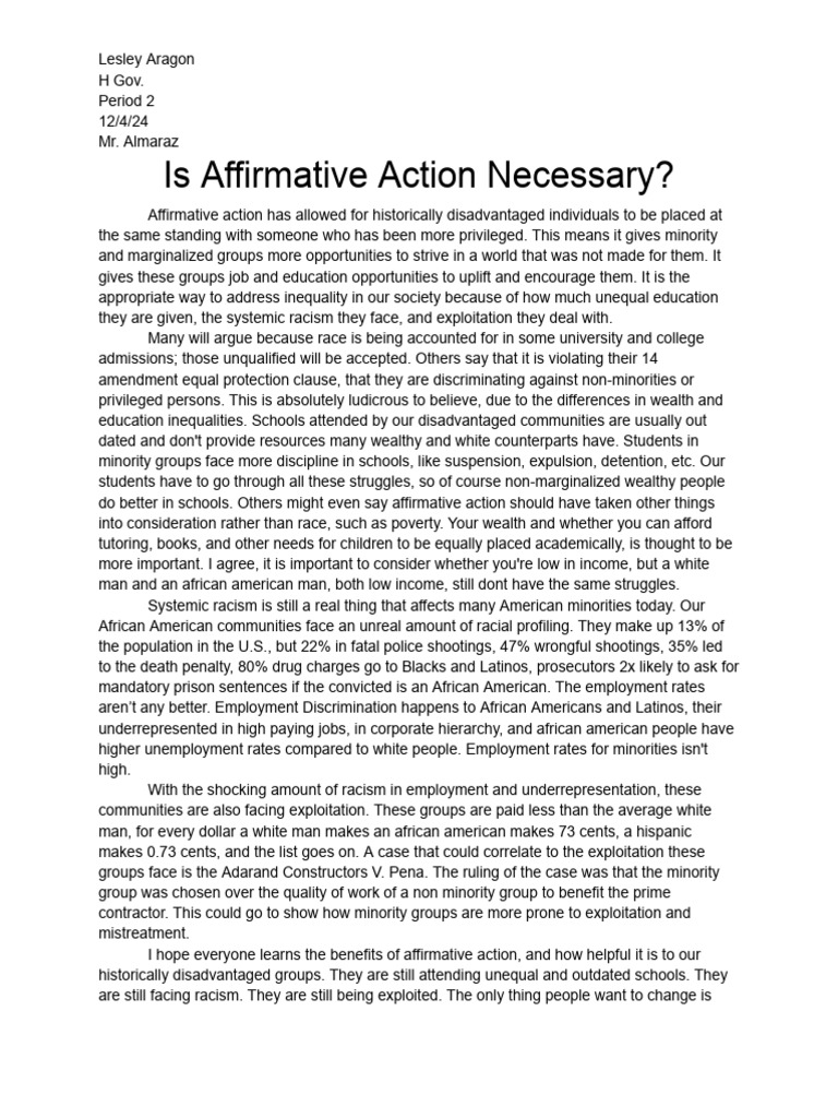 Affirmative Action Essay Final | PDF | Affirmative Action | Minority Group