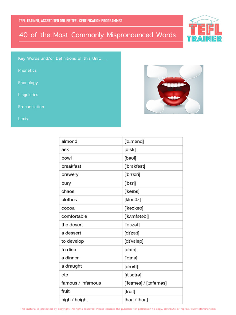 14bis. 40 of The Most Commonly Mispronounced Words TEFL Trainer | PDF ...