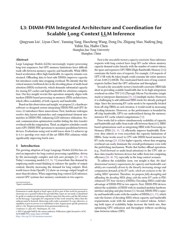 L3: DIMM-PIM Integrated Architecture and Coordination For Scalable Long-Context LLM Inference ...