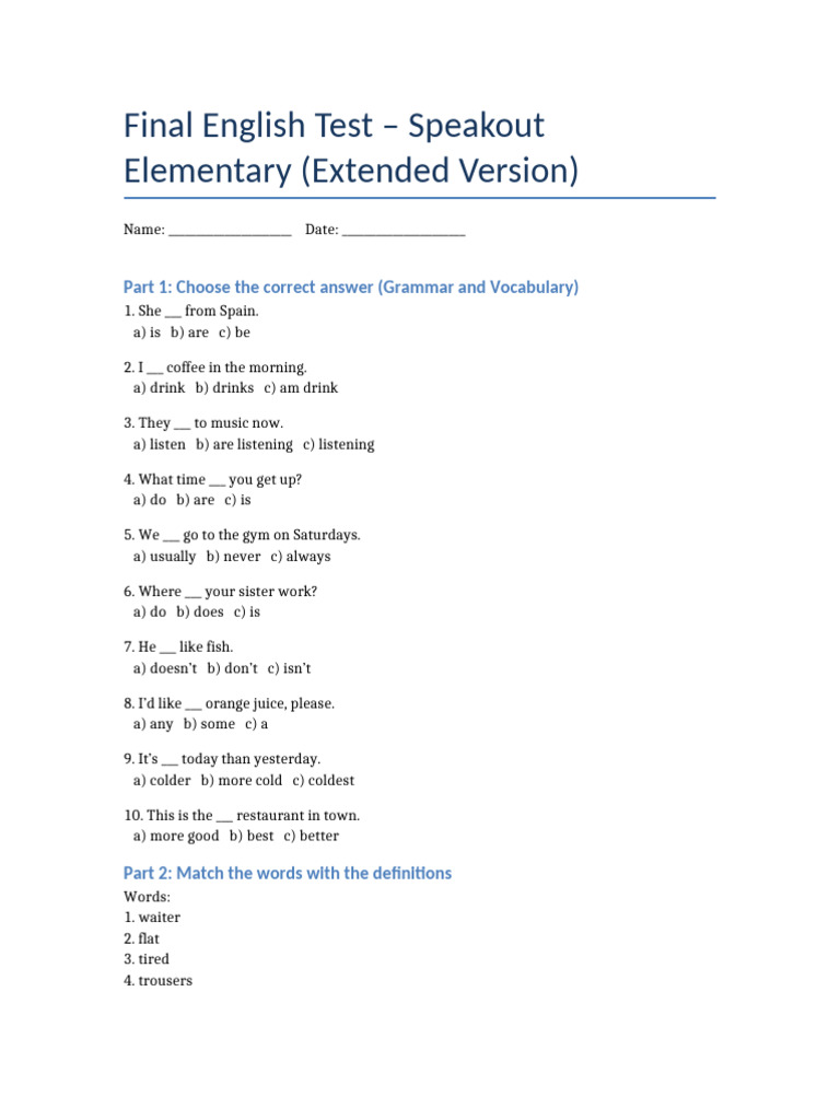 Final English Test Speakout Elementary Extended | PDF