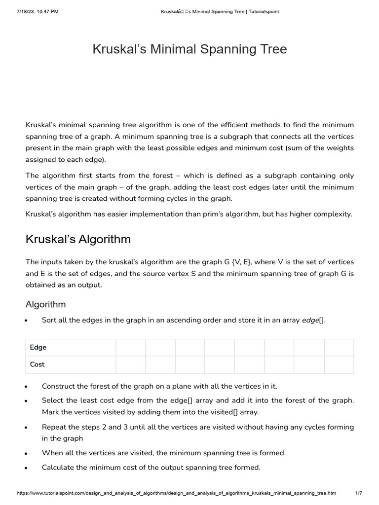 Kruskalâ__s Minimal Spanning Tree _ Tutorialspoint_230718_192419 | PDF | Mathematical Relations ...