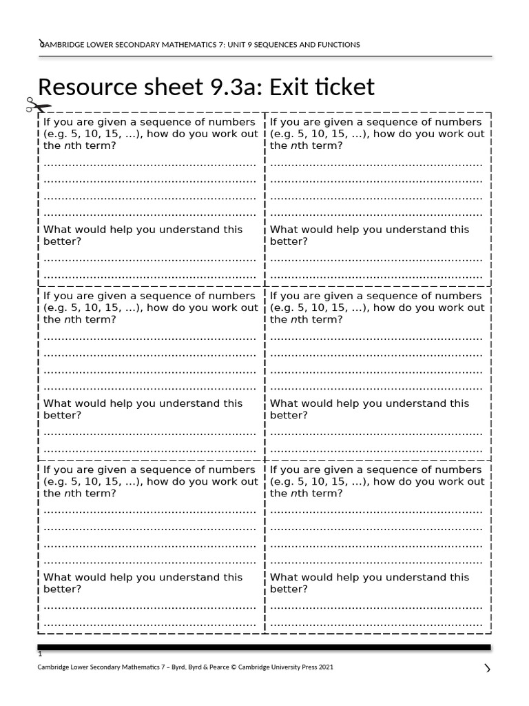 Stage 7 Maths Resource Sheet 9 3a Exit Ticket | PDF | Mathematics ...