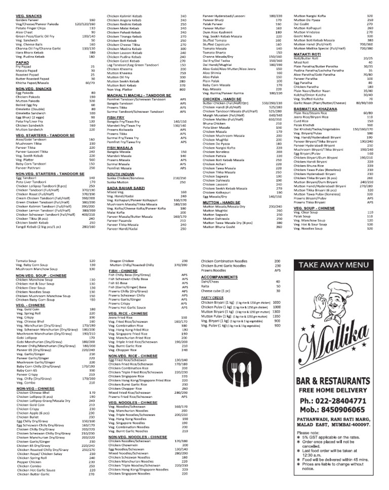 Mallika Take Away Menu | PDF