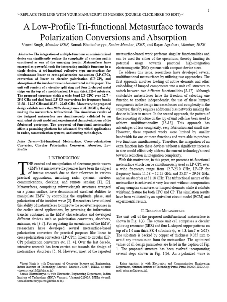 A Low-Profile Tri-Functional Metasurface Towards Polarization Conversions and Absorption | PDF ...