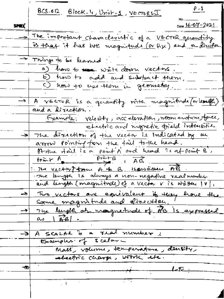 BCS-12, Block 4, Unit 1, Vectors 1 Date 16.07.2021 | PDF