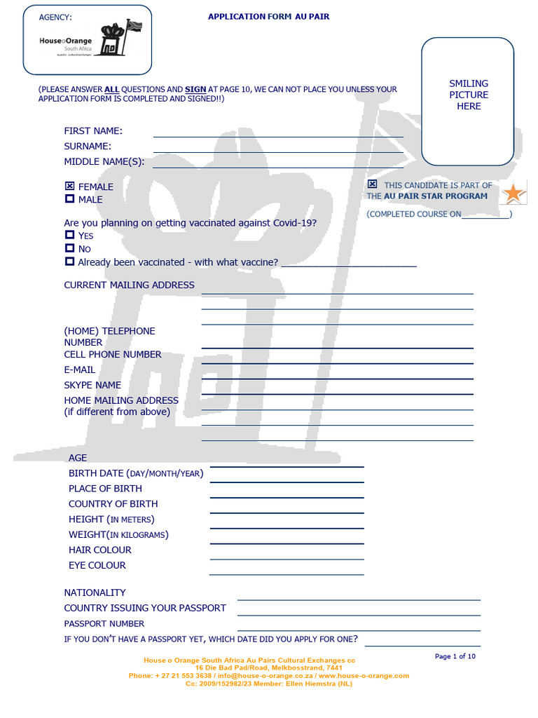 Au Pair Application Form South Africa | PDF | Housekeeping | Mental ...