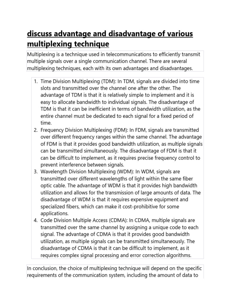 Discuss Advantage and Disadvantage of Various Multiplexing Technique | PDF | Multiplexing ...