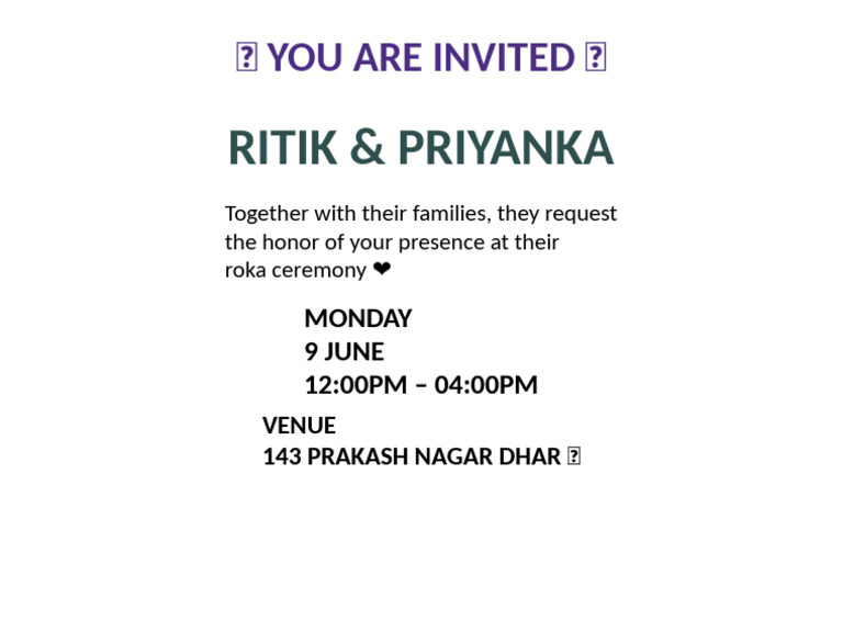 Roka Ceremony Invitation Ritik Priyanka | PDF
