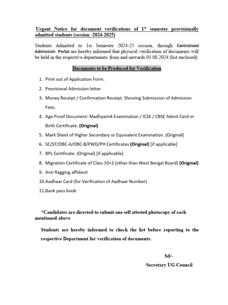 List of Documents Required For Student Verification | PDF