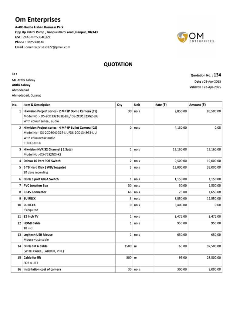 Atithi Ashray - CCTV Quotation | PDF