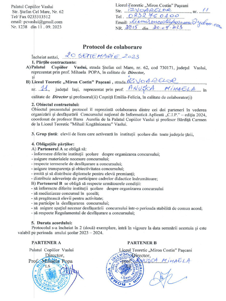 Acord Parteneriat CIP - Liceul Teoretic Miron Costin - 2023-2024 | PDF