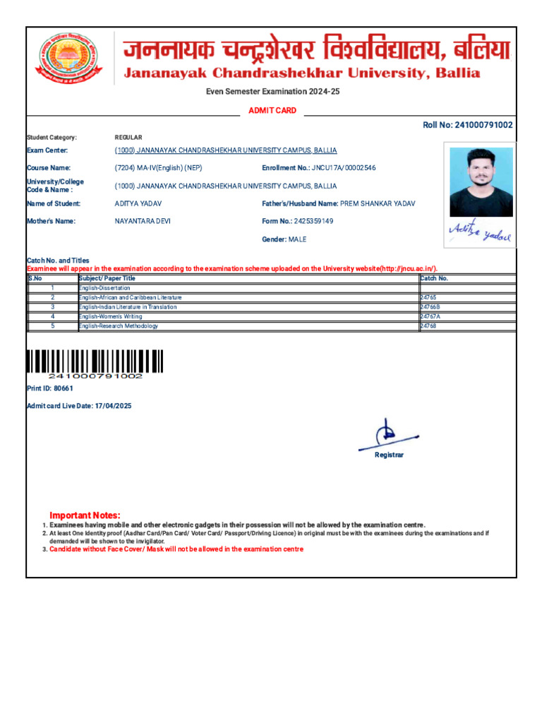 JNCU Admit Card for 2024-25 Exams | PDF | Access Control | Authentication