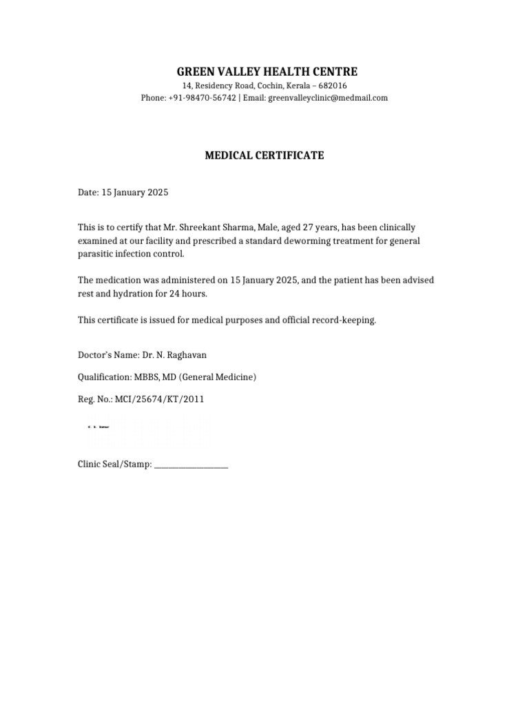 Medical Certificate Deworming Shreekant Signed | PDF