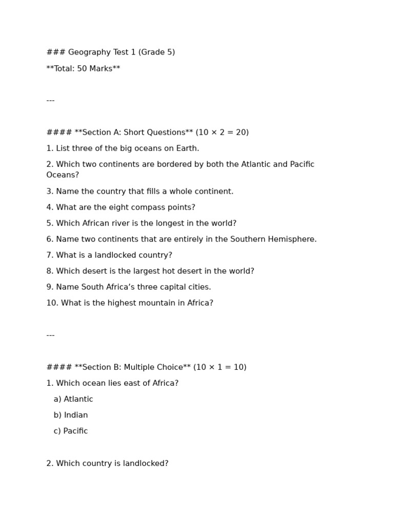 Grade 5 Term 1 Geography Test | PDF | Southern Africa | Africa