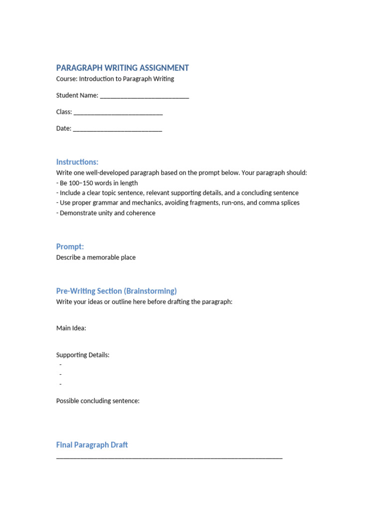 Paragraph Writing Assignment Template | PDF