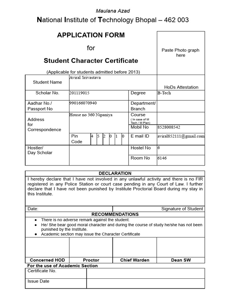 Student Character Certificate Application | PDF
