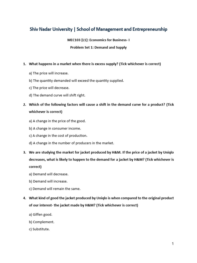 Demand and Supply Problem Set Guide | PDF | Demand | Supply And Demand