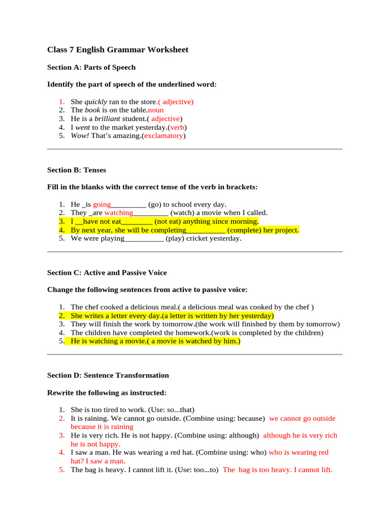 Class 7 English Grammar Worksheet | PDF