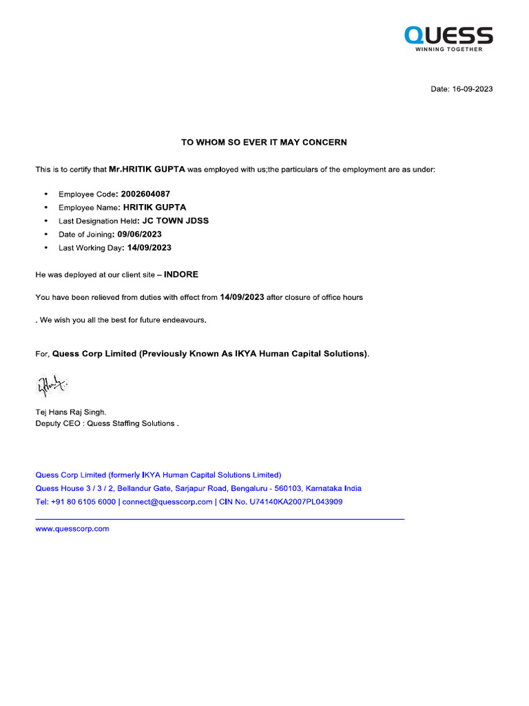 Hritik Gupta Releiving Letter (1) | PDF