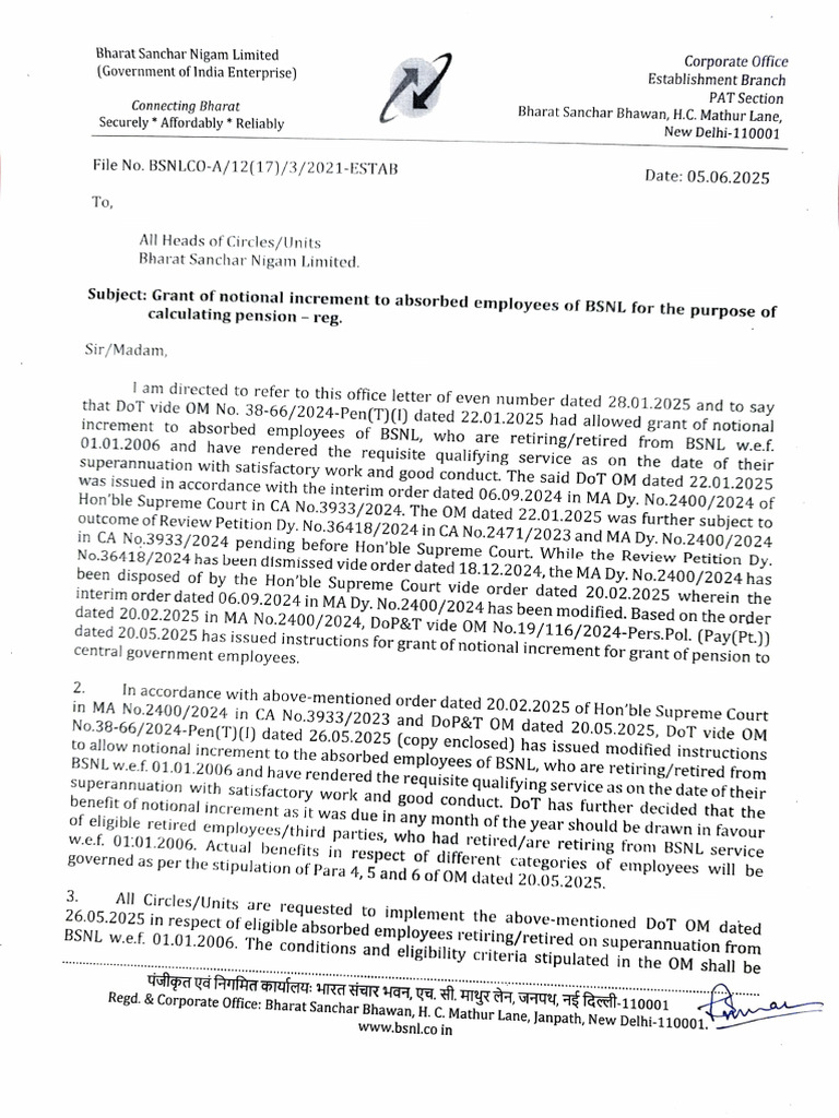 Letter 05.06.2025 Notional Inrement With Annexure | PDF | Economy Of ...