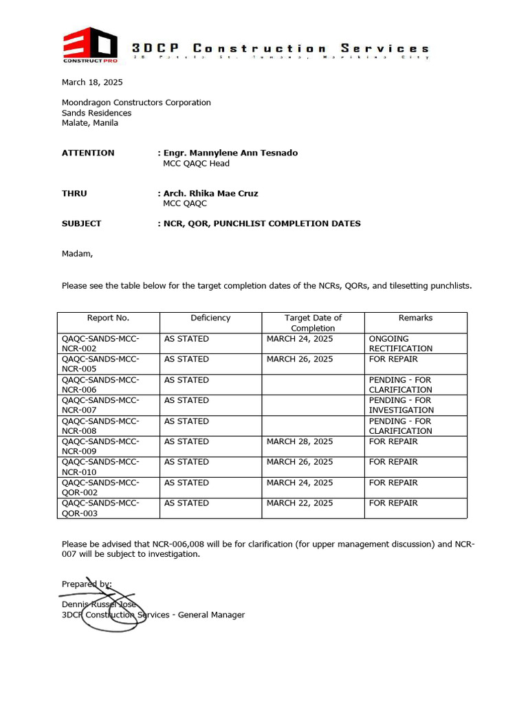 Sands Re Commitment Dates On Punchlist Completion | PDF