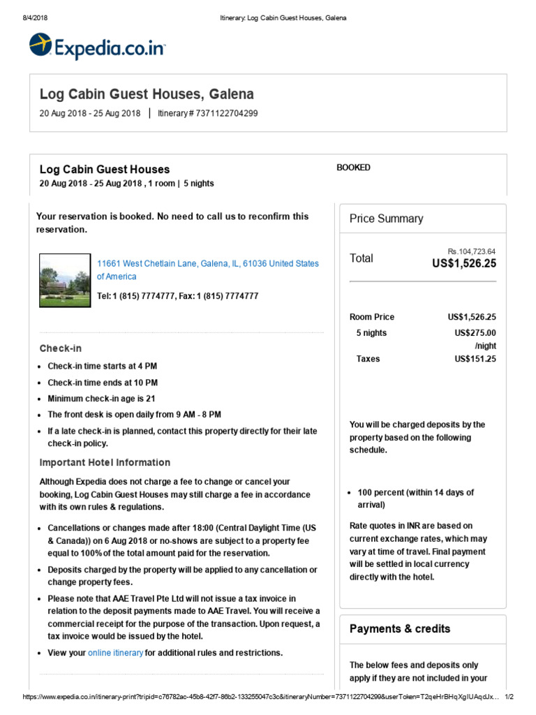 Itinerary - Log Cabin Guest Houses, Galena | PDF | Fee | Payments