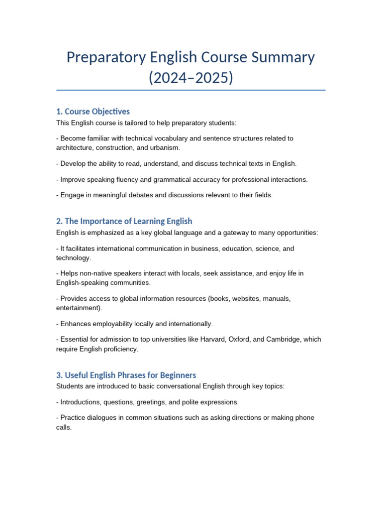 Preparatory English Course Summary UCB | PDF | English Language ...