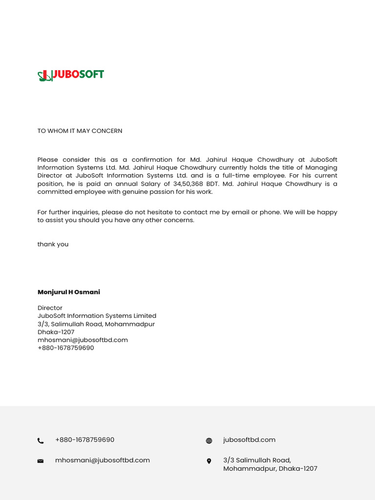Employment Letter of MD - Jahirul Haque Chowdhury | PDF