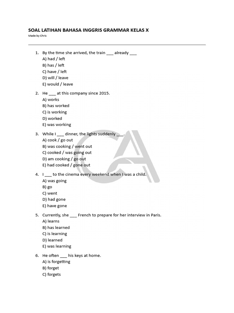 Soal Latihan Bahasa Inggris Grammar Kelas X | PDF | Adverb | Linguistics