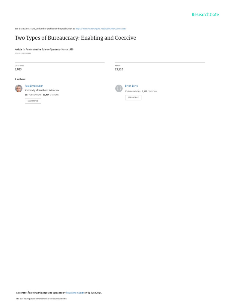 Two Types of Bureaucracy Enabling and Coercive | PDF | Copyright