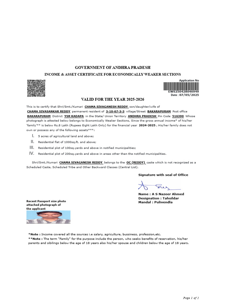 Income & Asset Certificate For Economically Weaker Sections ...