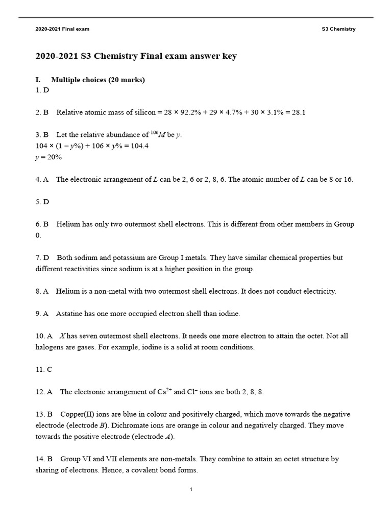 S3 Chemistry Final Exam Answers 2021 | PDF | Chemical Bond | Molecules