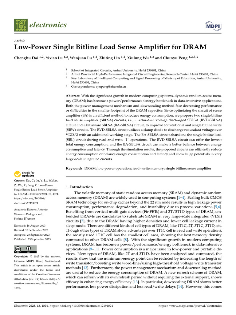Low-Power Sense Amplifier for DRAM | PDF | Dynamic Random Access Memory ...