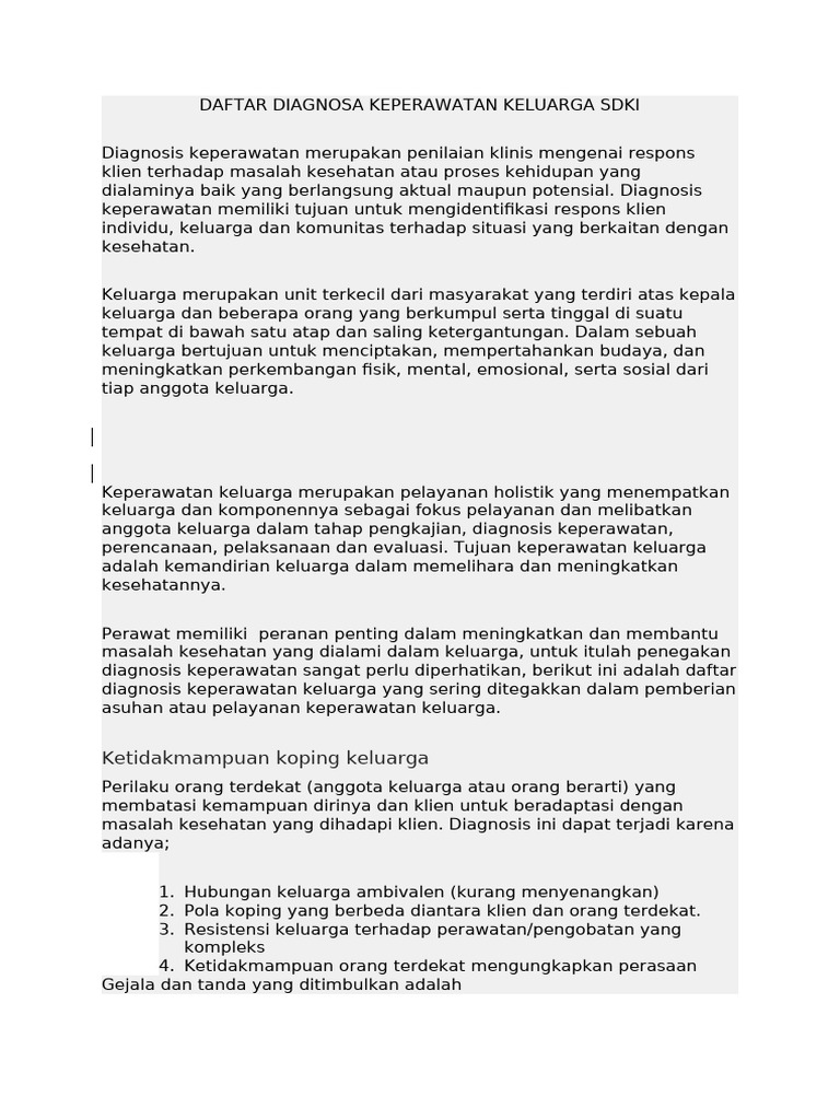 Daftar Diagnosa Keperawatan Keluarga Sdki | PDF