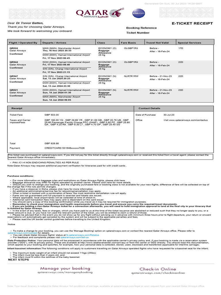 Qatar Airways E-Ticket Sample | PDF | Credit Card | Fee