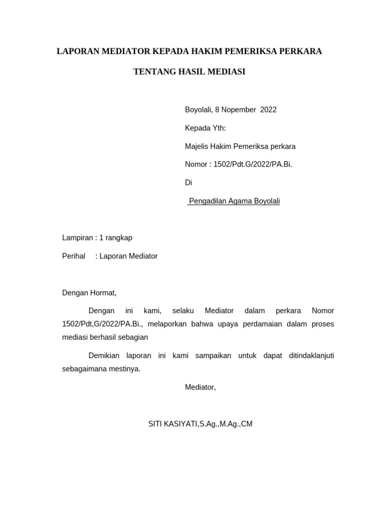 Contoh Laporan Mediasi Berhasil Sebagian | PDF