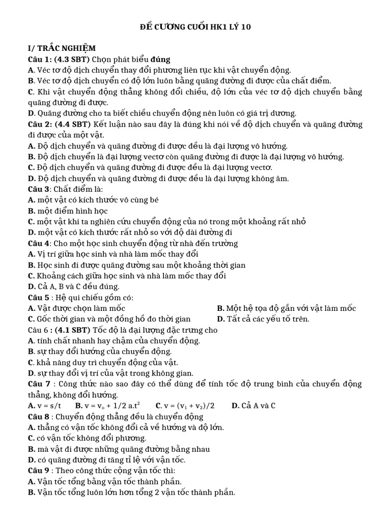 Đề Cương Hk1 Lý 10 24-25 | PDF