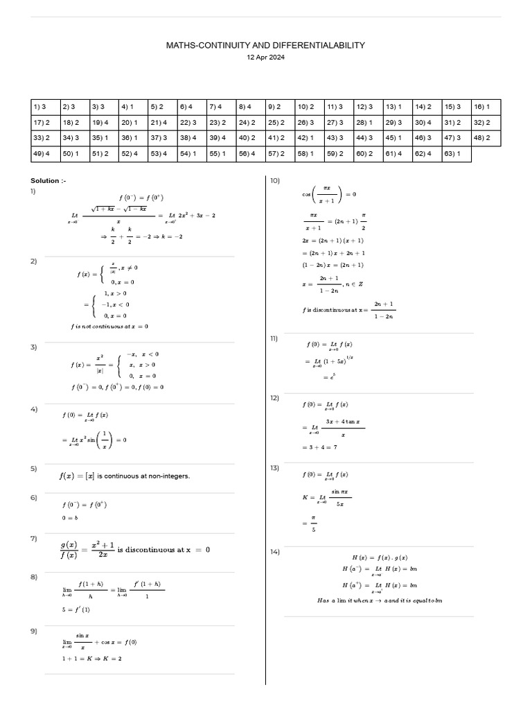 Maths-Continuity and Differentialability (Easy) Solution | PDF | Mathematical Relations ...