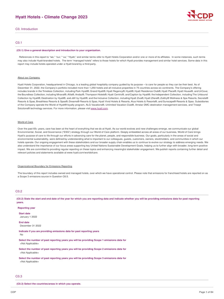 Hyatt Hotels 2023 CDP Climate Response | PDF | Incentive | Climate ...