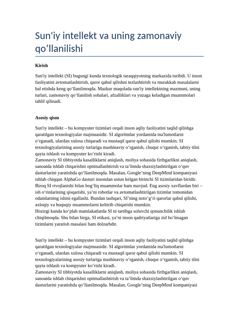 Suniy Intellekt Maqola | PDF