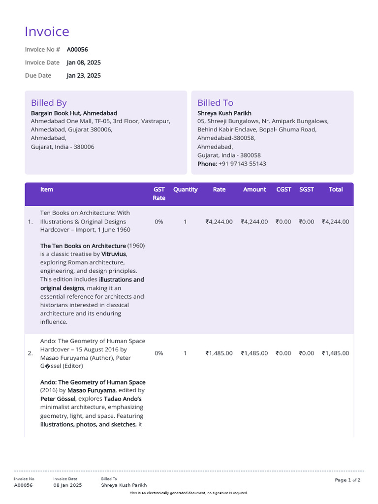 Invoice A00056 Bargain Book Hut Ahmedabad Shreya Kush Parikh | PDF