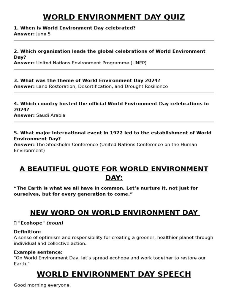 World Environment Day Quiz | PDF | Natural Environment | Environment