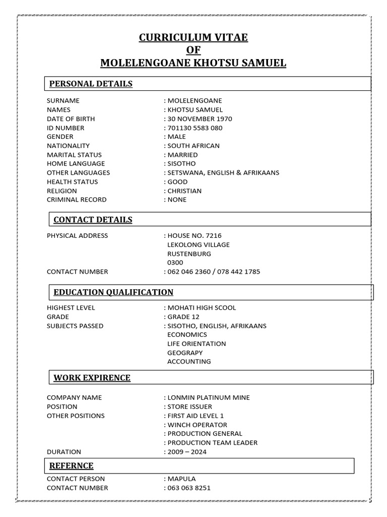 Curriculum Vitae of Molelengoane Khotsu Samuel | PDF