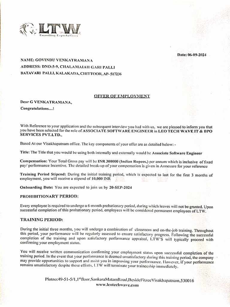 Govindu Venkatramana Offer Letter LTW | PDF