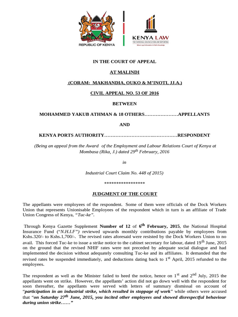Mohammed Yakub Athman 18 Others V Kenya Ports Authority 2017KECA606 (KLR) | PDF | Strike Action ...