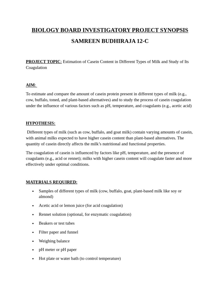 Biology Board Investigatory Project Synopsis | PDF | Milk | Ph