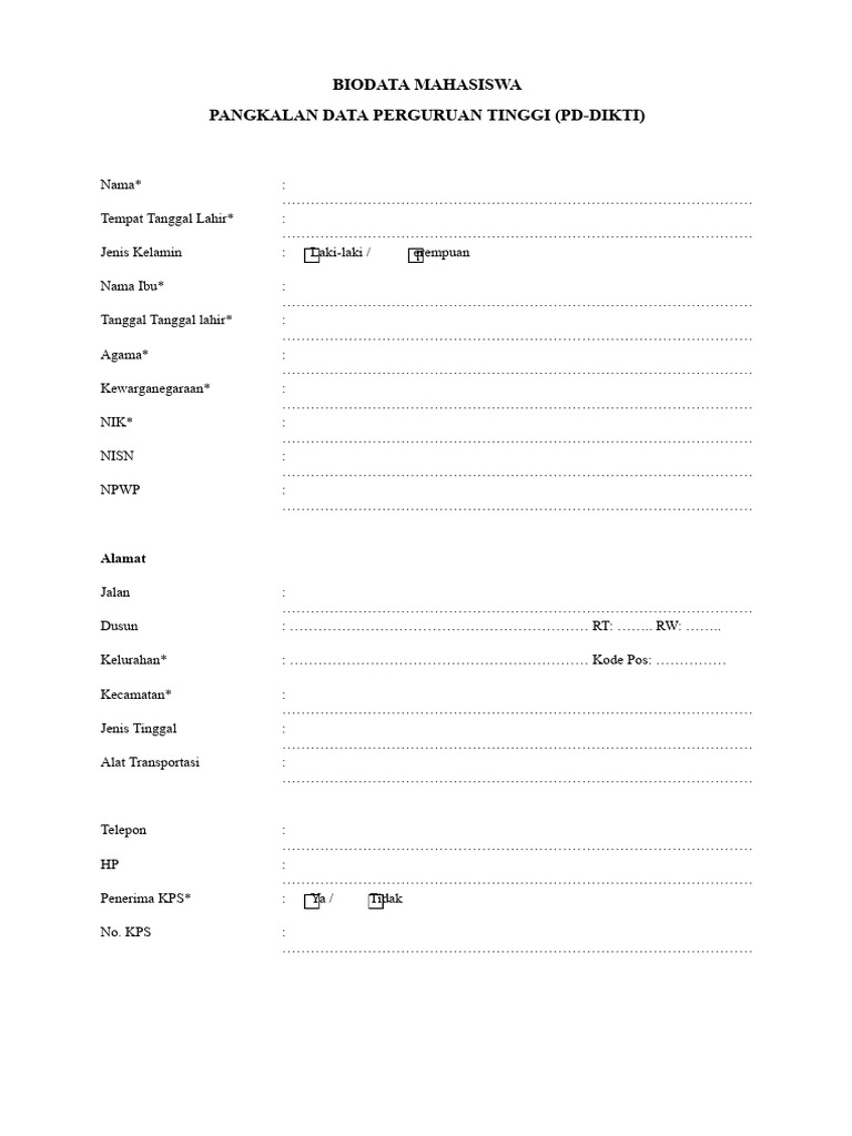 Format Biodata Diri PDDIKTI | PDF