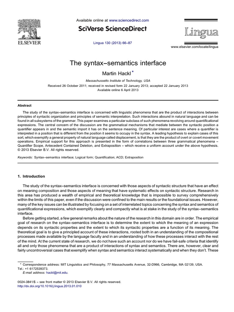 Hackl 2013 Syntax-Semantics Interface | PDF | Semantics | Syntax