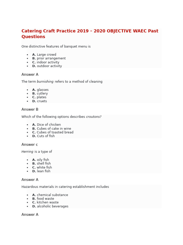 Catering Craft Practice 2019-2020 WAEC Past Questions OBJECTIVE | PDF | Waiting Staff | Restaurants