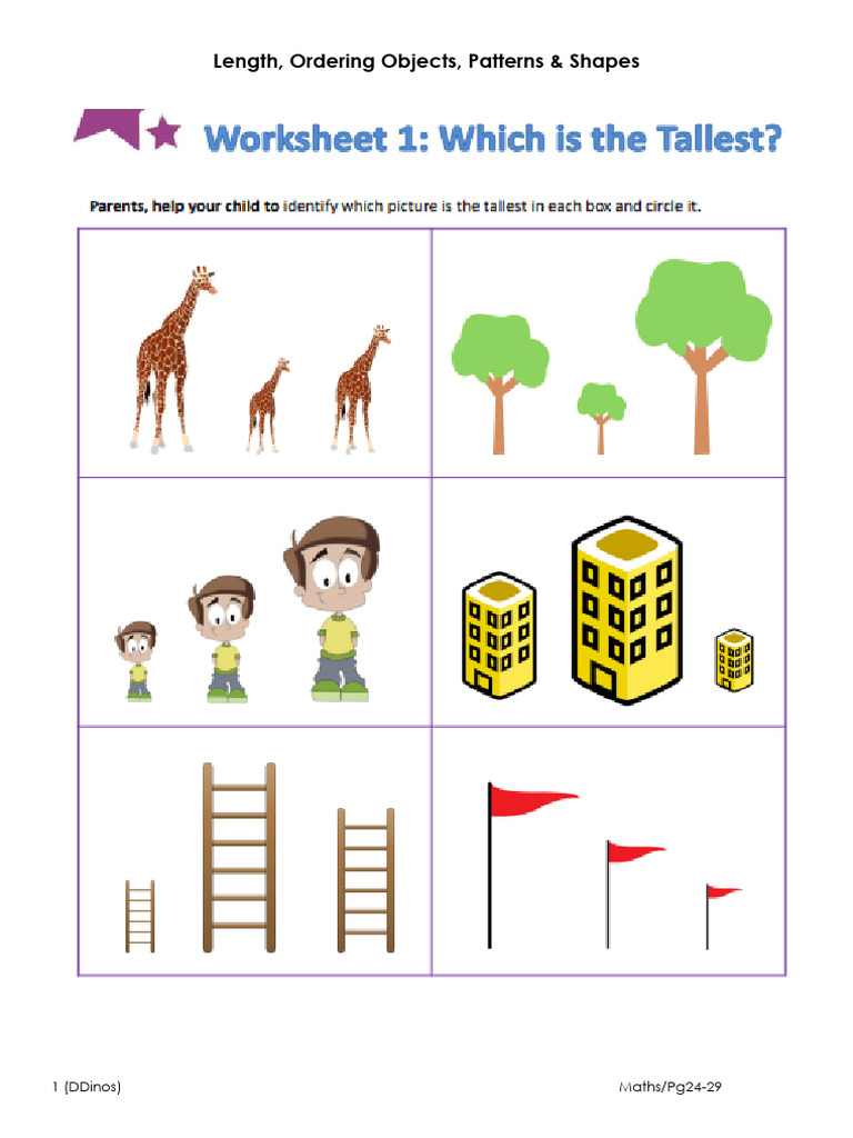 Length, Ordering Objects, Patterns & Shapes: 1 (Ddinos) Maths/Pg24-29 | PDF